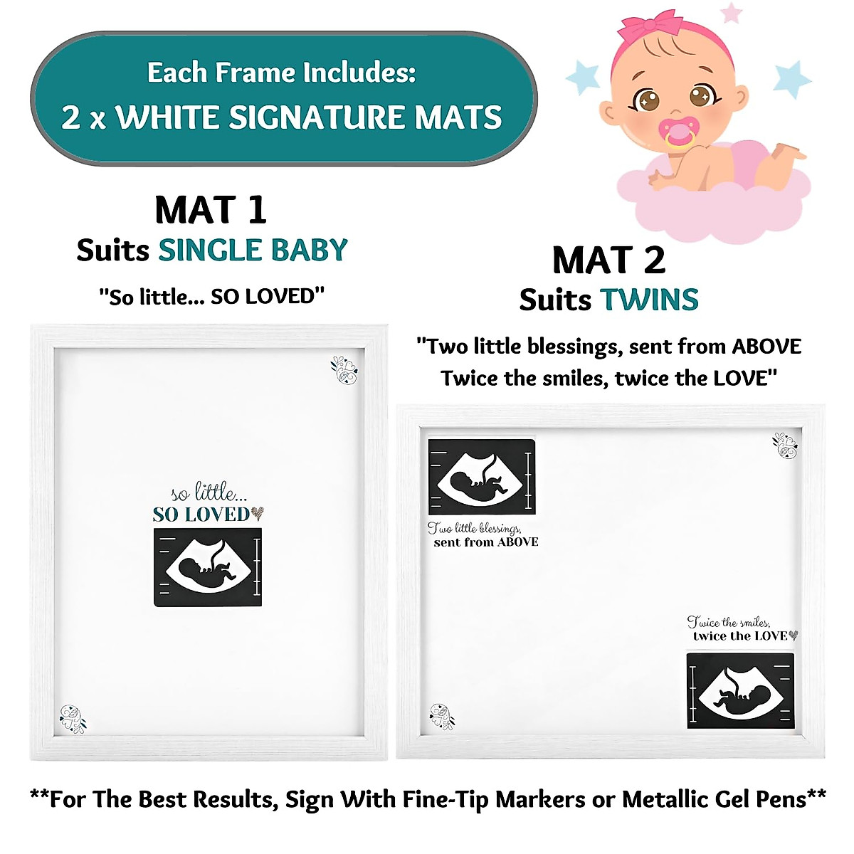 Baby Shower Guest Book Frame (With 2 Mats For Single Baby OR Twins) Large Sonogram Picture Frame To Sign – Unique Guest Book Alternative For Girls & Boys (CLASSIC WHITE)