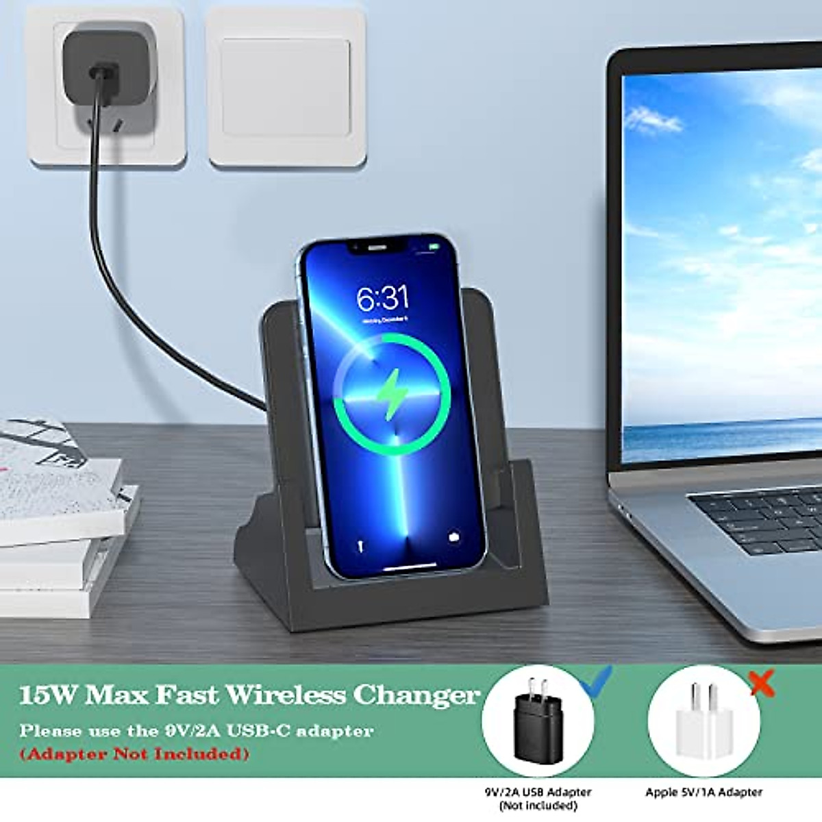 Wireless Charger Stand,15W Fast Charging for iPhone 13/12/11/8/XS Max/XR/X,Samsung Wireless Charger for Galaxy S22 S21 S20 S10 Note 20/10,Airpods 2(NO Adapter)