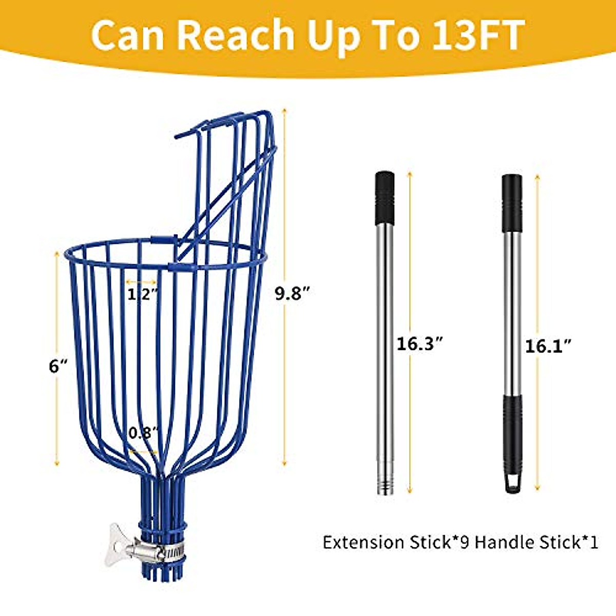 OAK LEAF Fruit Picker, 13 Foot Fruit Picker Pole with Basket Apple Orange Picker Tool Tree Fruit Catcher with Lightweight Stainless Steel Connecting Pole, Sturdy Basket with Foam Pad, Metal Clamp