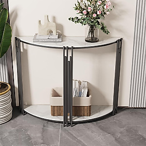 Wisfor Sintered Stone Console Table: Half Round White Entryway Table with Black Frame - Modern Narrow Sofa End Table - Semicircular Accent Table for Hallway, 39.4x11.8x30.7 inch