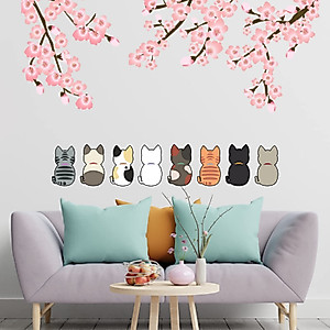 Cute Cat Wall Stickers Peel and Stick Cherry Blossom Wall Decals Kawaii Animal Nursery Wall Decor Baby Kids Bedroom Art Decoration
