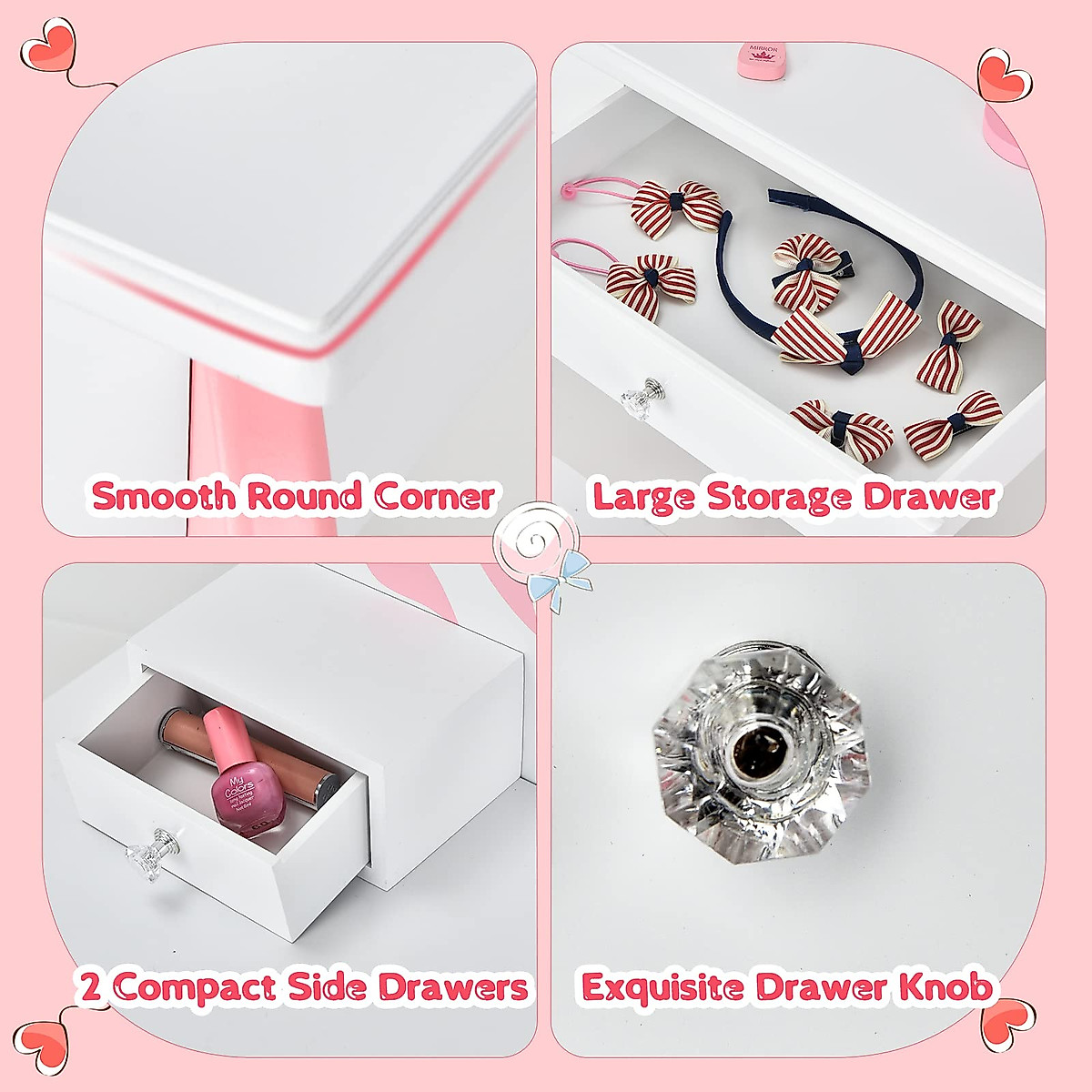 Costzon Kids Vanity Set with Mirror, 2 in 1 Princess Makeup Dressing Table w/Detachable Top, Toddler Vanity with 360° Rotating Mirror, Drawers & Stool, Pretend Play Vanity Set for Little Girls, White