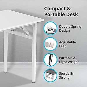 Halter Folding Desk Table for Small and Large Spaces, Collapsible Computer Desk for Office, Bedroom, and Study - 47” Space-Saving Portable, Foldable Study Table - White Desk, White Frame