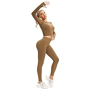 PINKSAVIOR Women’s Two Piece Outfits Yoga Pants Set Seamless High Waist Leggings and Quick-Dry Yoga Crop Tops Athletic Sports Set(P068 Coffee L)