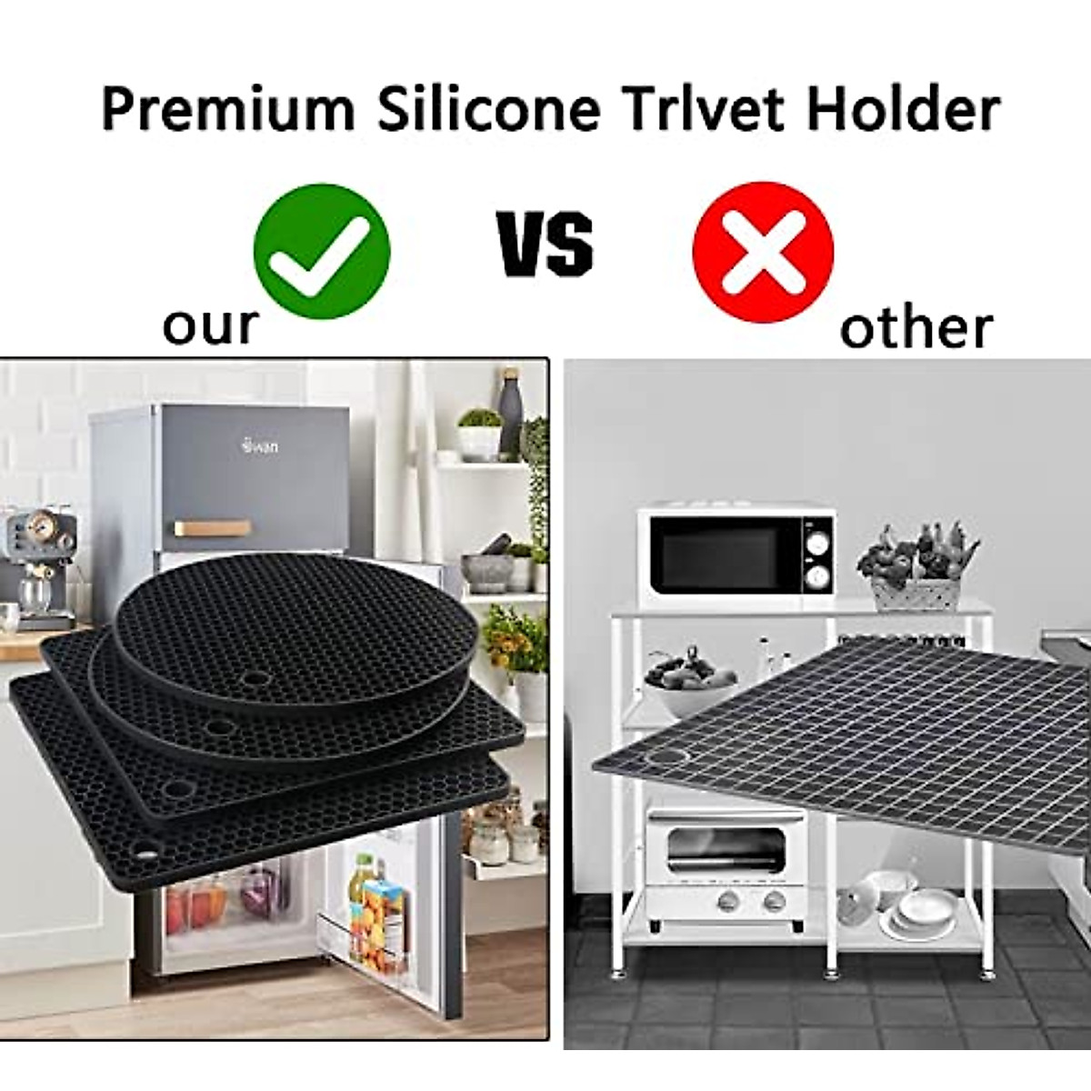 Silicone Trivet Pot Mat, Silicone Pot Holders for Hot Pan and Pot Pads. Heat Resistant Counter Mats for Tables Placemats,Countertops, Spoon Rest and Large Coasters,4 Pack Black(2 Squared + 2 Round)