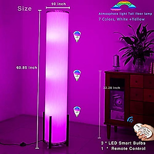 CAUDTK Column Floor Lamps Remote Control Dimmable 61 Inch 3 Smart Light Bulbs Color Changing Modern LED RGB Tall Standing Lamp for Living Room Bedroom Kids Room