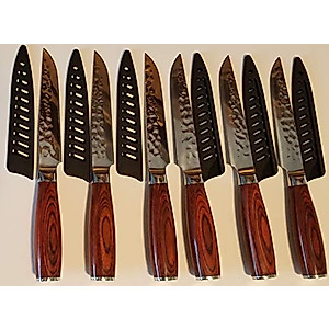 D&G Dinner Steak Knives - Non Serrated - Hammered Japanese High Carbon 7CR17 Stainless Steel - Set of 6