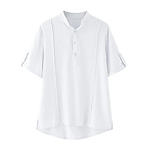 FAMOORE Mens Spring and Summer Beach Solid Color Short Sleeved Shorts Cotton and Linen Suit Two Piece White