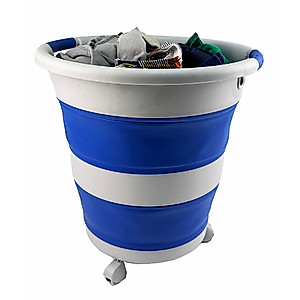 SAMMART 34L (8.9 Gallons) Collapsible Plastic Laundry Basket with Wheels - Foldable Pop Up Storage Container/Organizer with wheels (Grey/Purplish Blue)