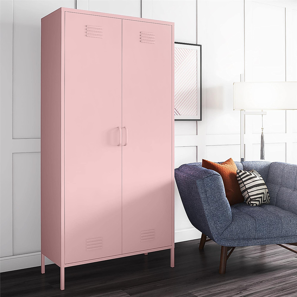 Novogratz Cache 2 Door Tall Metal Locker Style Storage Cabinet, Bashful Pink