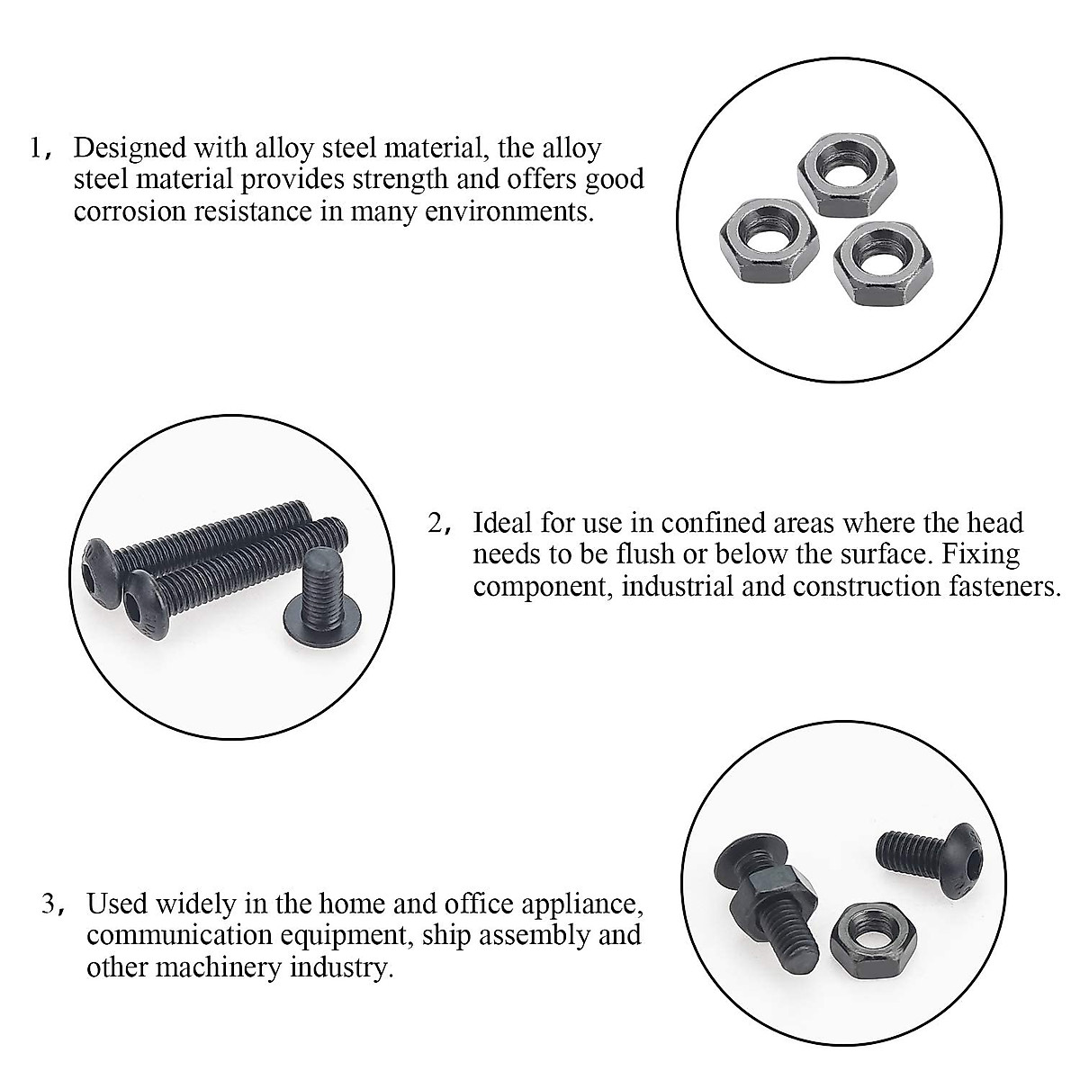 DYWISHKEY 360 Pieces M3 x 6mm/8mm/10mm/12mm/16mm/20mm, 10.9 Grade Alloy Steel Hex Button Head Cap Bolts Screws Nuts Kit with Hex Wrench