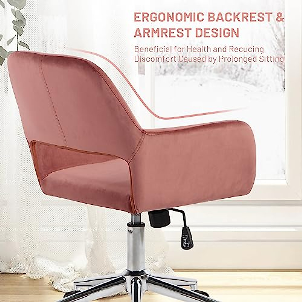 FurnitureR Velvet Home Office Chair, Mid Back Desk Chairs with Rolling Wheels, Adjustable Task Chair for Living Room, Bedroom, Make-up, Studying, Small Spaces - Rose