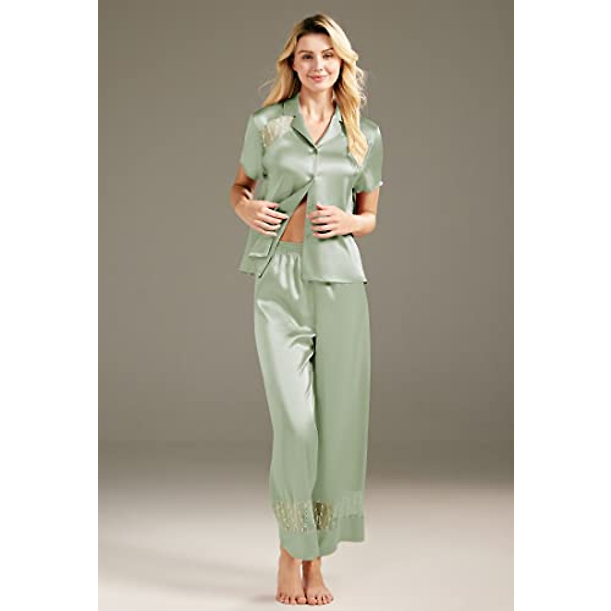 AW BRIDAL 2Pcs Sexy Womens Pajama Sets - Short Sleeve Silk Pajamas Long Pj Pants With Lace, Button Up Pajamas For Women, Sage Green, S| Clever Bridal Shower Gifts Bachelorette Gifts For Bride Pajamas