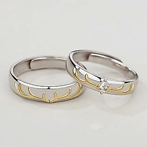 hohrayway S925 Sterling Silver Deer Antlers Ring for Couples Promise Wedding Rings His and Her Matching Rings Set Adjustable Rings Custom Engrave Rings