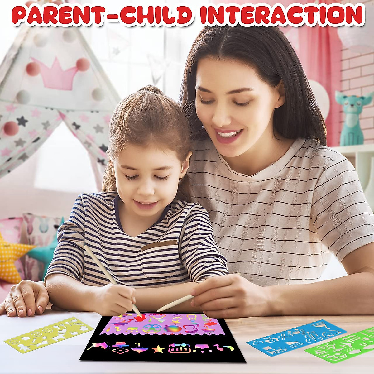 ZMLM Scratch Paper Art Set: 60Pcs Magic Drawing Art Craft Kid Black Scratch Off Paper Supply Kit Toddler Preschool Learning Bulk Toy for Age 3 4 5 6 7 8 9 10 Girl Boy Christmas Birthday Party Gift