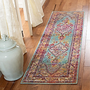 SAFAVIEH Crystal Collection Area Rug - 8' x 10', Light Blue & Orange, Medallion Distressed Design, Non-Shedding & Easy Care, Ideal for High Traffic Areas in Living Room, Bedroom (CRS507A)