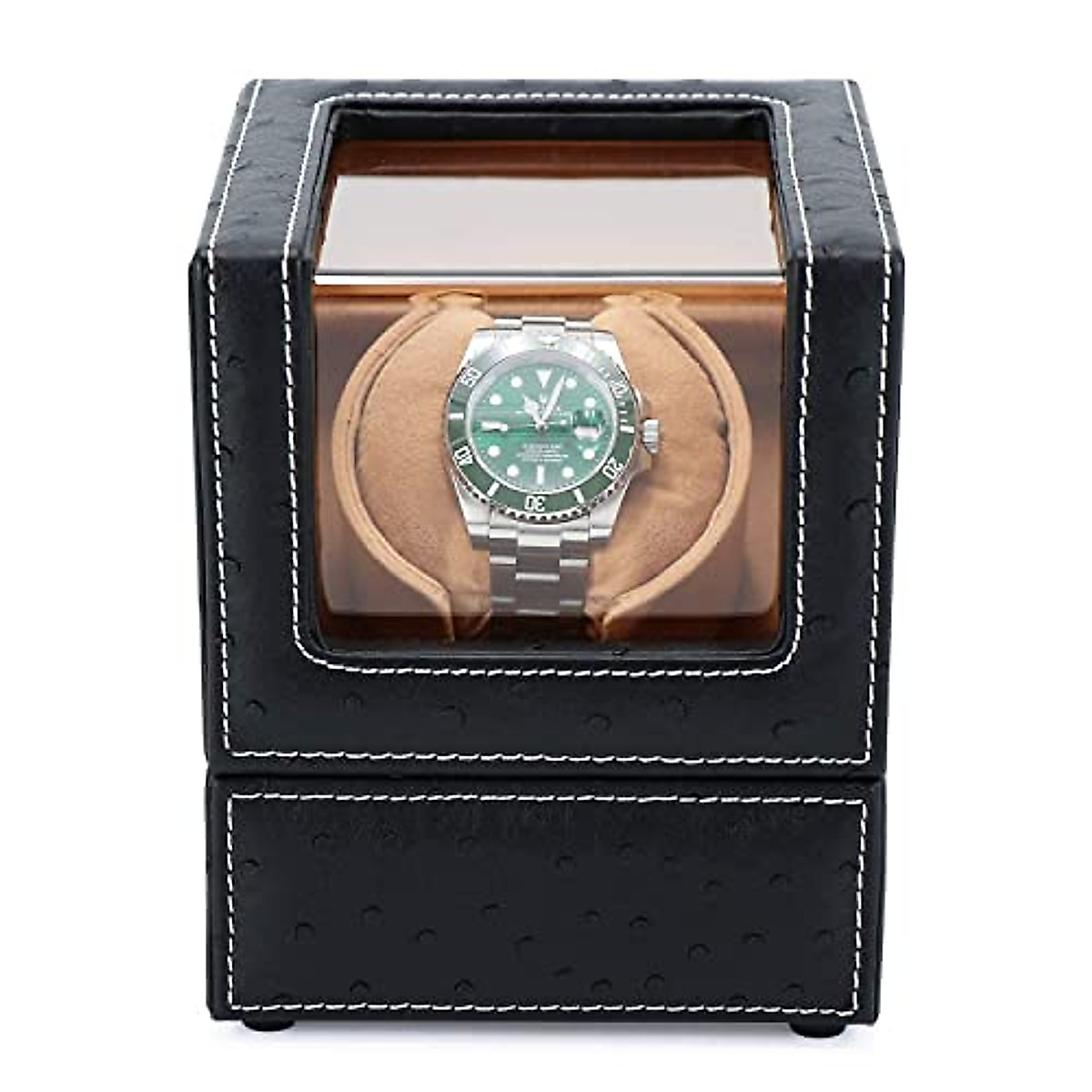 DRIKLUX Automatic Single Watch Winder for Rolex and Other Luxury Watches - Automatic Winder with Quiet Motor, Premium Black Ostrich Leather Exterior and Soft Flexible Watch Pillows of Camel Velvet