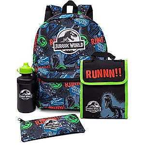 Jurassic World Backpack - Boys Kids 4 Piece School Lunch Box With Water Bottle