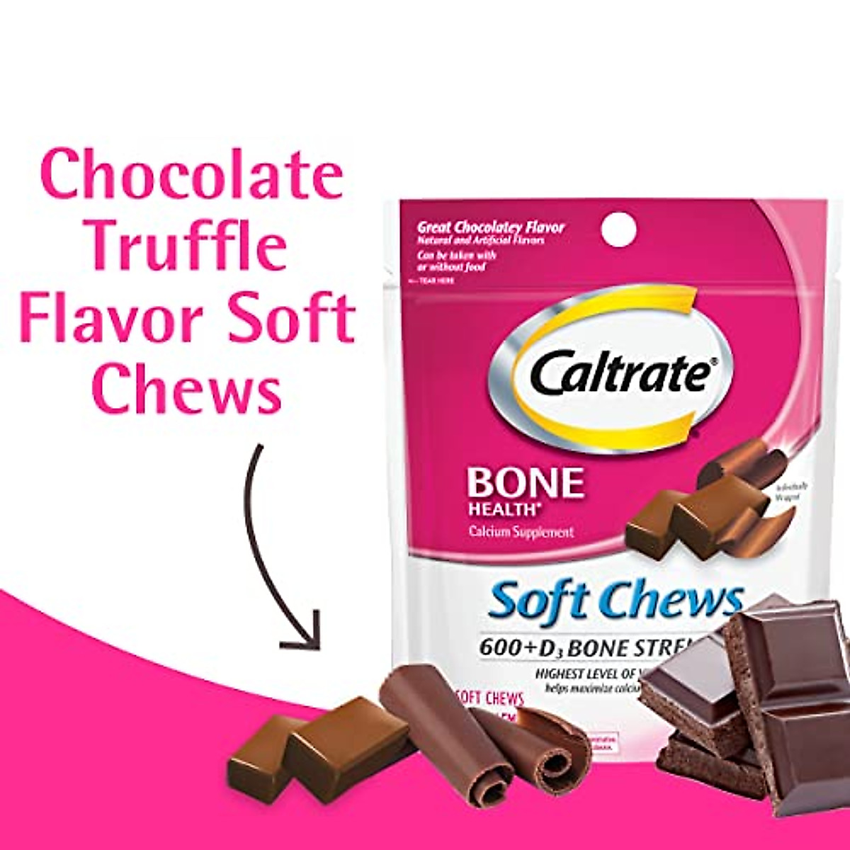 Caltrate Soft Chews 600 Plus D3 Calcium Vitamin D Supplement, Chocolate Truffle - 60 Count