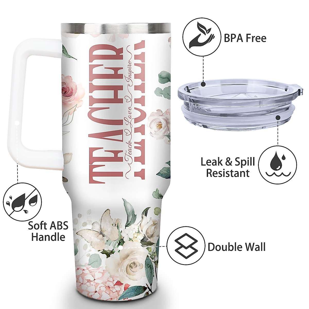 thmasamwr 40oz Teacher Tumbler with Handle, Stainless Steel Teacher Water Bottle Cup, Teacher's Travel Coffee Mug, Thanksgiving,Christmas,Graduation Gifts for Teachers