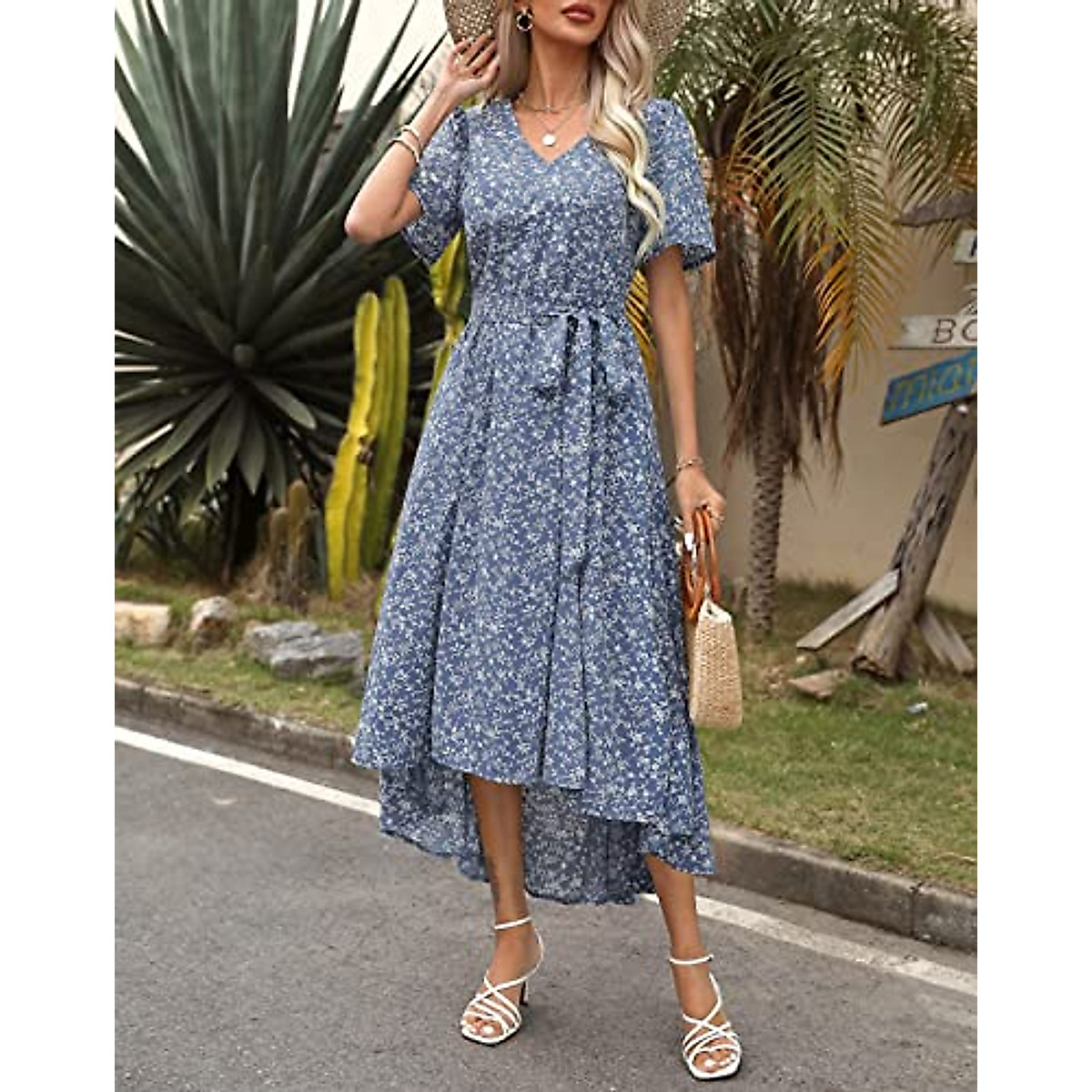 Maggeer 2023 Womens Casual Summer Dresses Short Sleeve Cute V Neck Ruffle Boho A Line High Low Flowy Swing Beach Modest Floral Maxi Dress with Pockets Dusty Blue XL