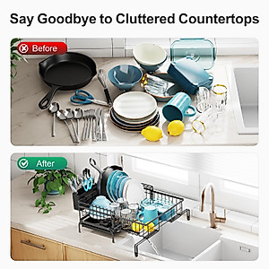 GSlife Expandable Dish Drying Rack with Drainboard - Anti-Rust 2-in-1 Sink Dish Racks for Kitchen Counter and Sink, Dish Drainer with Pan Slot and Utensil Holder for RV and Apartment, Black