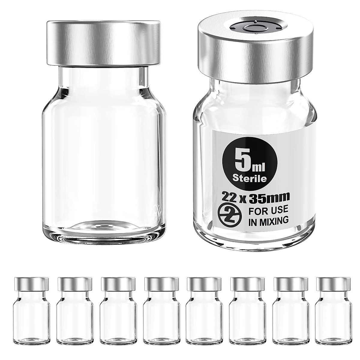 Biocomma Sterile Empty Vials Silver Aluminum Cap with Butyl Rubber Stopper,Sterile Package 10pcs (5ml)