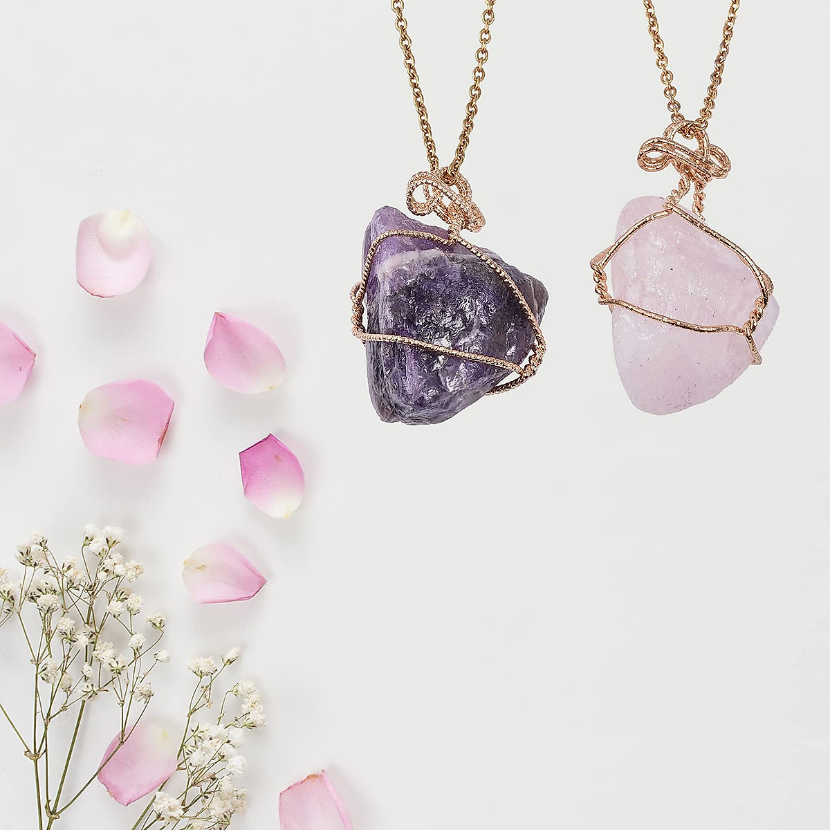Shop LC Crystal Necklaces - Handmade Healing Amethyst & Rose Quartz Raw Gemstone Necklace Sets - 24" Necklace Length - Set of 2 Jewelry Birthday Gifts for Women