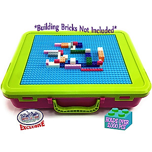 Matty's Toy Stop Brik-Kase 2.0 Travel, Building, Storage & Organizer Container Case with Building Plate Lid (Holds Approx 2000pcs) - Compatible with All Major Brands (Pink, Lime & Aqua)