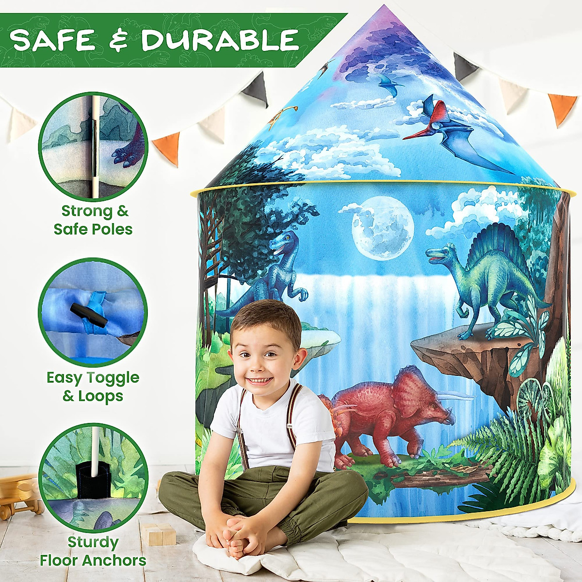 W&O Dinosaur Discovery Play Tent with Roar Button - Extraordinary Pop Up Tent for Boys & Girls - Perfect for Indoor & Outdoor Adventures