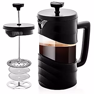 OVENTE French Press Coffee, Tea and Espresso Maker, Heat Resistant Borosilicate Glass with 4 Filter Stainless-Steel System, BPA-Free Portable Pitcher Perfect for Hot & Cold Brew 20oz, Black FPW20B