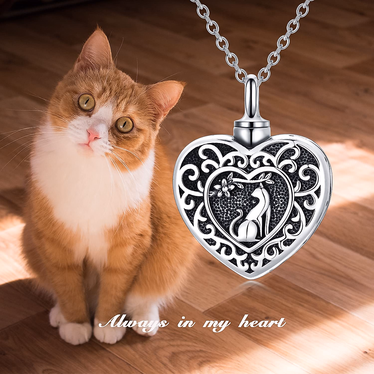 LONAGO Urn Necklace for Cat 925 Sterling Silver Always in My Heart Cat Ashes Memorial Pendant Necklace Jewelry