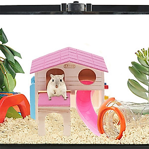 kathson Pet Small Animal Hideout Hamster House with Funny Climbing Ladder Slide Wooden Hut Play Toys Chews for Small Animals Like Dwarf Hamster and Mouse(Pink)