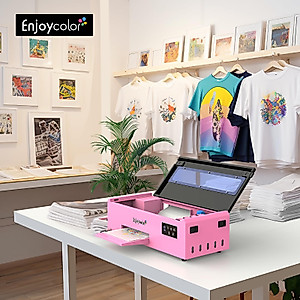 EnjoyColor A4 DTF Printer with Roll Feeder, DTF Transfer Printer Machine for Dark and Light Fabric Printing, Pink