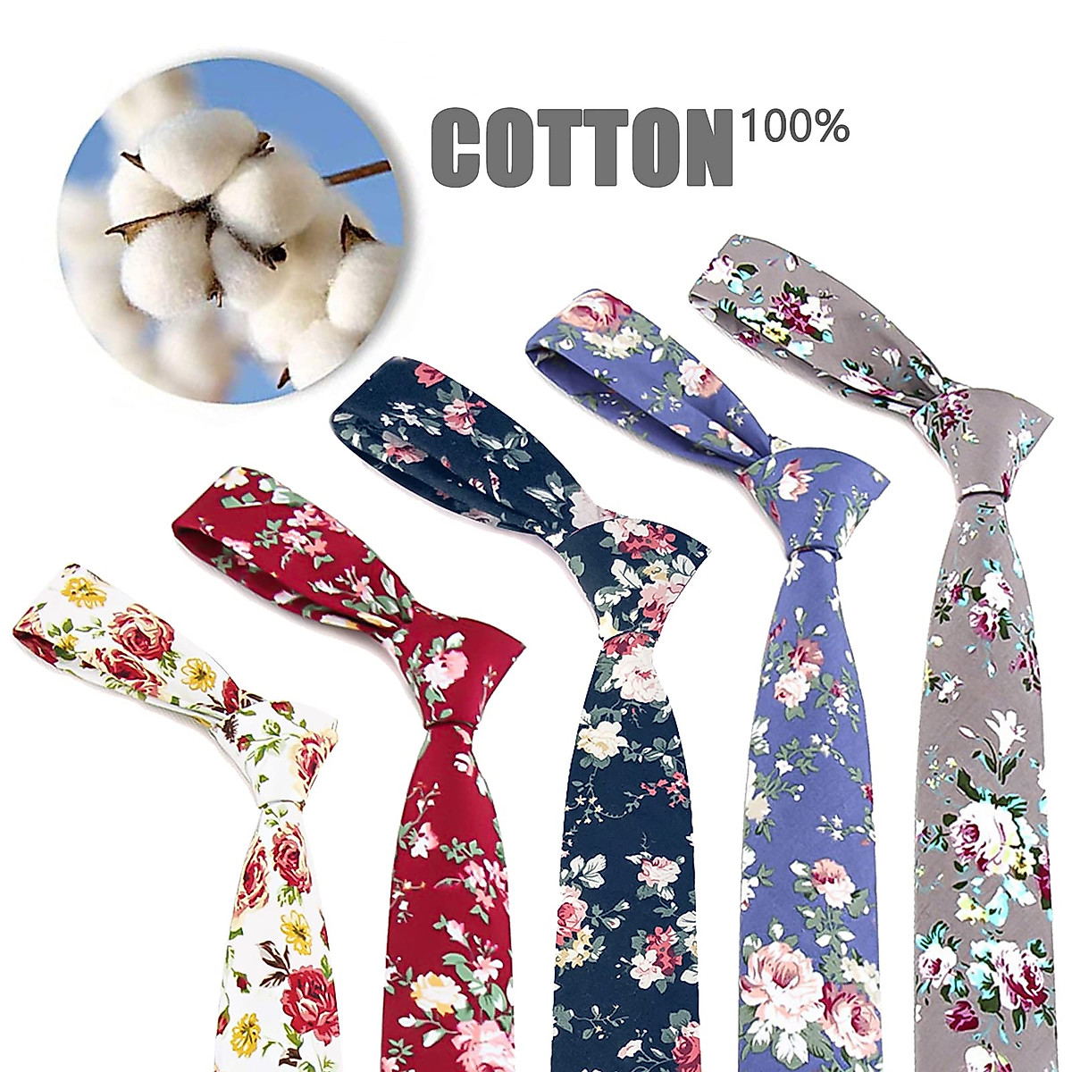 SUNOVELTIES Floral Ties, Cotton Flower Print Skinny Ties for Men Set (5 Pack)