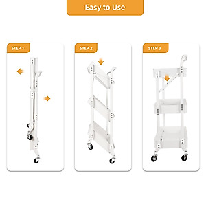 3-Tier Folding Rolling Utility Cart with Wheels, Foldable Storage Cart Organizer with 3 Hanging Cups & 6 Hooks for Kitchen, Office, Living Room, Nursery(White)
