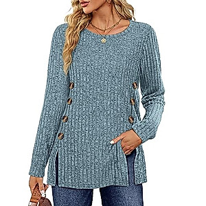 SAMPEEL Blue Tunic Sweaters for Women Fall Long Sleeve Tunic Tops for Women Buttons Side S