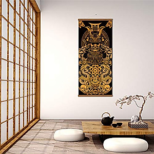 Warrior’s Dreams Canvas Wall Art Print Poster Armored Helmet Samurai spirit with Scroll Wood Framed Ready to Hanger Home Karate Hall Sushi Restaurant Decor 16”x35”