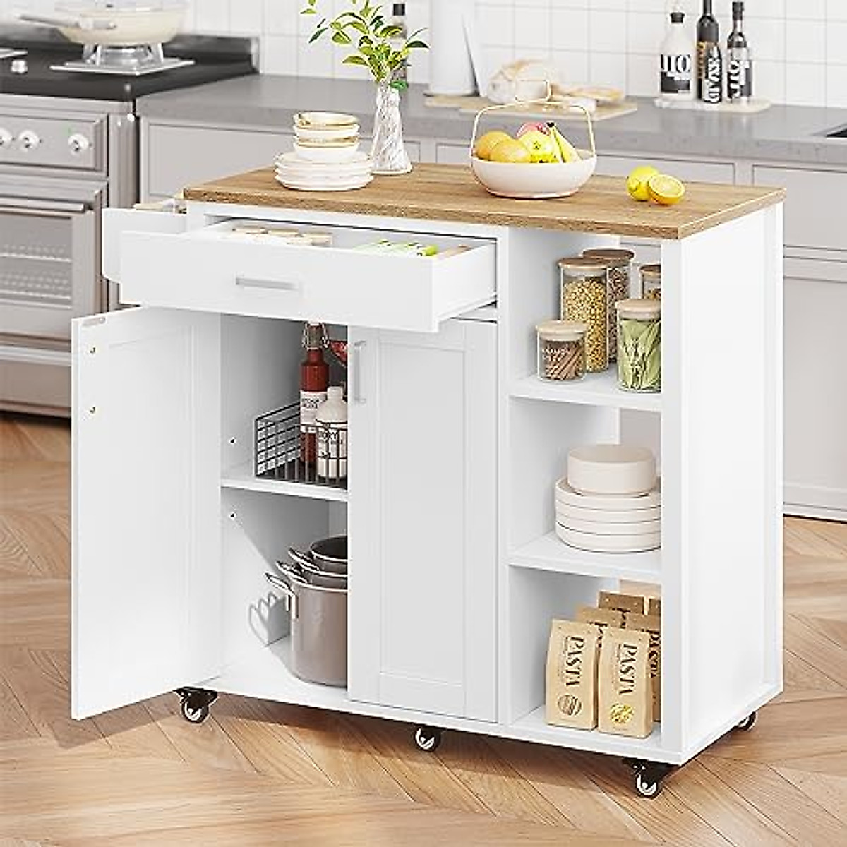 YITAHOME Kitchen Island with Storage Shelf, Rolling Kitchen Island on Wheels with Drawer Open Shelves & Spice Rack Towel Rack Wine Rack, Kitchen Cart with Two Doors for Kitchen, Dining Room, White
