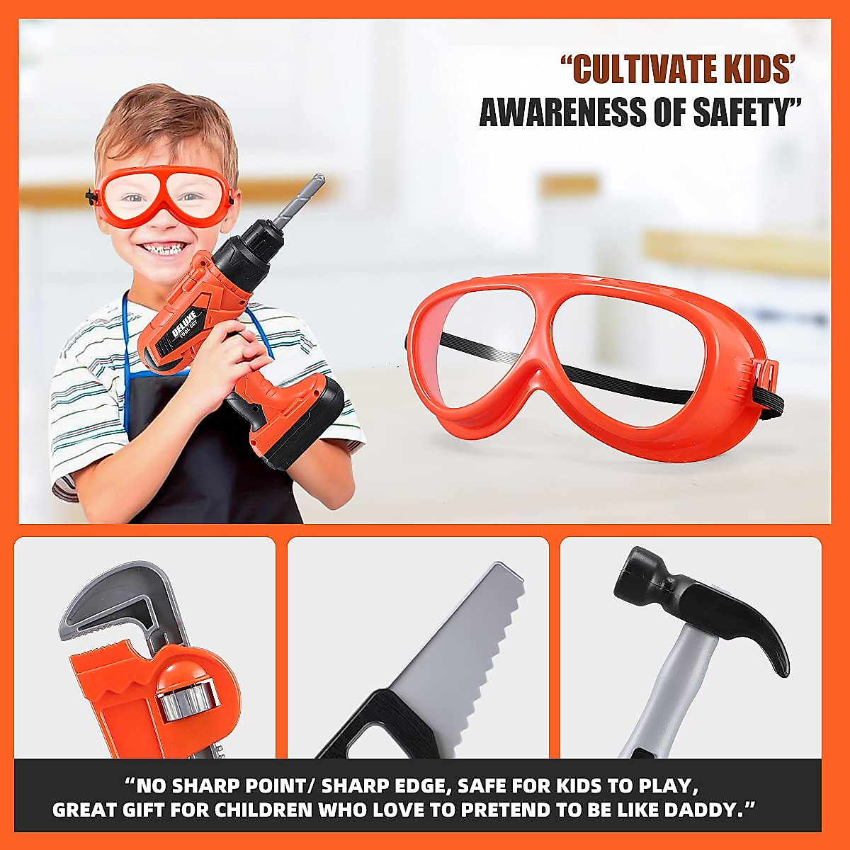 Kids Tool Set – Zealous 48 pcs Toddler Tool Set with Tool Box & Electronic Toy Drill, Pretend Play Kids Toys, Toy Construction Tools for Kids Ages 3,4,5,6,7,8 Years Old (A-Orange)