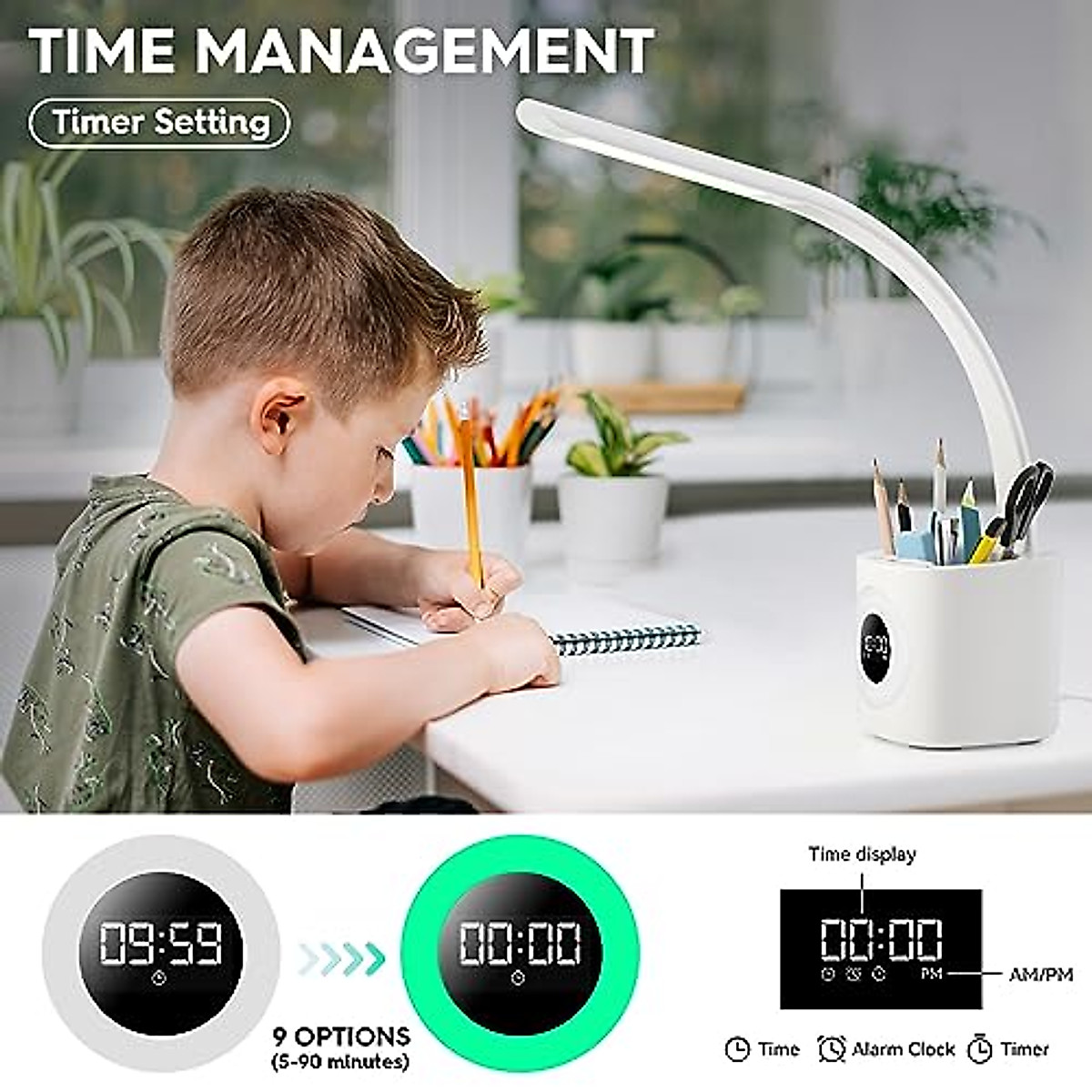 Hokone Desk Lamps for Home Office, LED Desk Lamp with Pen Holder, 10W Study Lamp with USB Adapter, Gooseneck White Desk Lamp Dimmable, RGB Touch Night Light for Kids