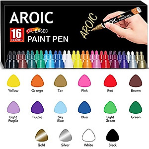 AROIC Paint Pens Paint Markers, 16 colors Oil-Based Waterproof Paint Marker Pen Set On Rock, Wood, Fabric, Metal, Plastic, Glass, Canvas, Mugs, Waterproof, DIY Craft and More