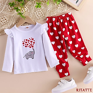 Ritatte Toddler Infant Baby Girl Clothes Outfits Valentine Heart Print Warm Long Sleeve Sweatshirts Pants Set Fall Winter 1-6T (Red-Elephant, 4-5 T)