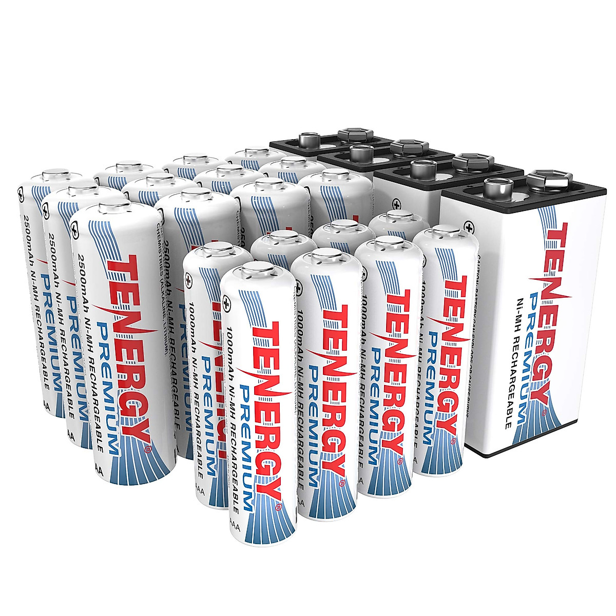 Tenergy Premium High Capacity NiMH Rechargeable Battery Combo, Includes 12xAA 8xAAA 4x9V Rechargeable Batteries, 24 Pack