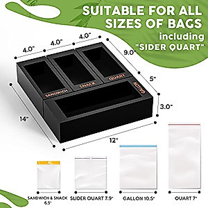 Bamboo Ziplock Bag Storage Organizer for Kitchen Drawer, 4 Separate Food Storage Bag Organizer, 12x14" Baggie Organizer Dispenser for All Brands Gallon, Snack, Sandwich & Quart Slider Bags Black