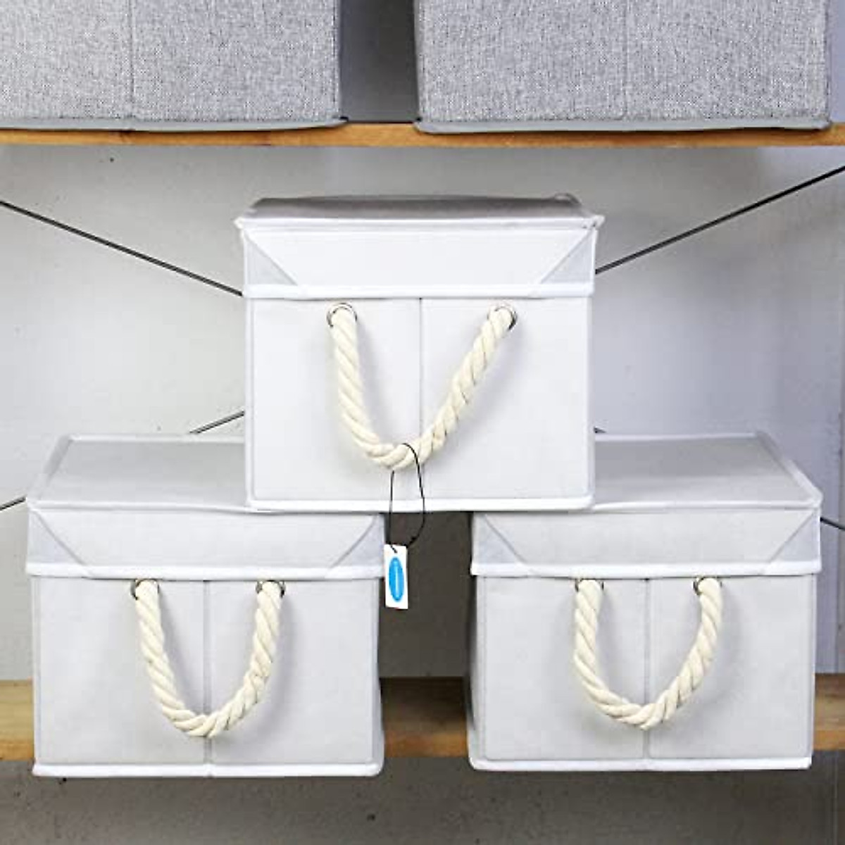 Casaphoria 3pcs Cube Collapsible Fabric Storage Bins with Rope Handles,Thicker Foldable Rectangular Canvas Storage Box with Lid for Shelves Organizing,Closet Storage Baskets Stackable for Wardrobe