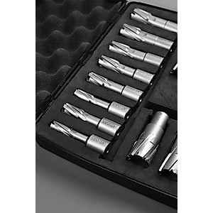 Annular Cutter Set Carbide TCT 13 pcs JESTUOUS 3/4 Inch Weldon Shank 1-3/8 Cutting Depth and Cutting Diameter from 1/2 to 1-1/8 Two Flat Bit for Drill Press with 2 Pilot Pins