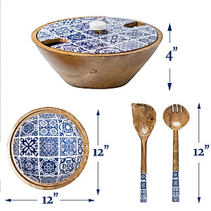 Decorative Wooden Salad Bowl Set with Lid and Servers in Moroccan Blue. Premium Mango wood bowls with Tongs Set for Salads, Cereal, Popcorn & Fruit. Great for Home and Entertainment! 12" Wooden bowl.