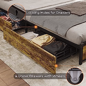 ADORNEVE LED Queen Bed Frame with Storage Headboard, Metal Platform Bed with Charging Station, Bed Frame with 4 Drawers, Storage Shelves, No Box Spring Needed,Noise-Free,Vintage Brown