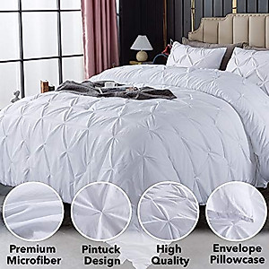 Andency White Pinch Pleat Comforter Full(79x90Inch), 3 Pieces(1 Pintuck Comforter and 2 Pillowcases) Down Alternative Microfiber Comforter Bedding Set